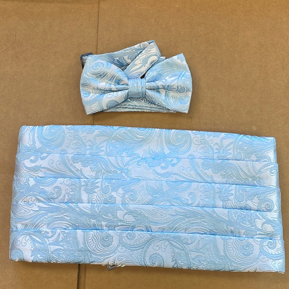 Light Blue Paisley Cummerbund And Bow Tie - Gem